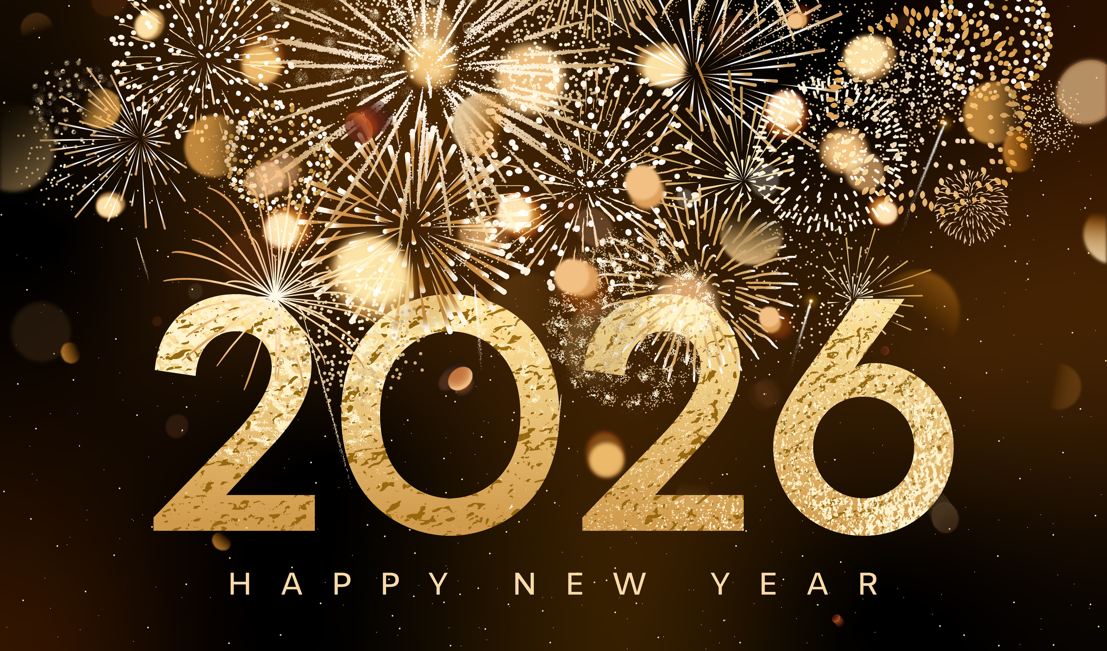 Happy New Year 2026 greeting card, gold fireworks poster | McGregor Amasa